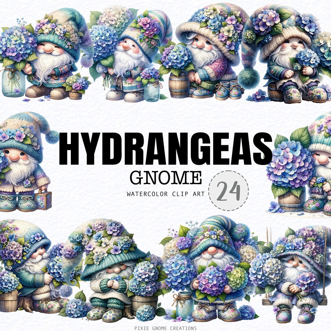 Watercolor Hydrangeas Gnomes Png, Cute Floral Gnome, Valentines Gnomes ...