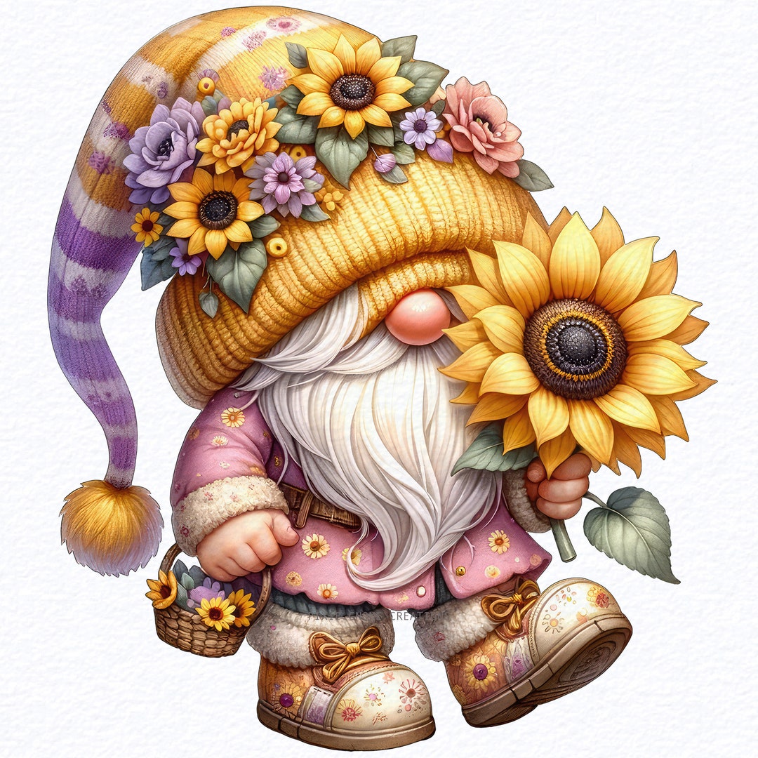 Watercolor Summer Garden Sunflowers Gnome Clipart Bundle Png, Garden ...