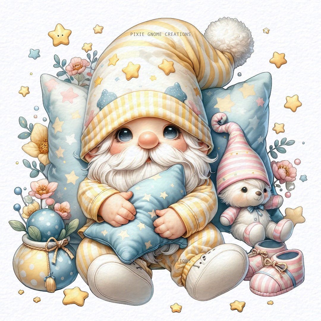 Watercolor Pastel Pijamas Gnome Clipart PNG Bundle, Cute Bed Time ...