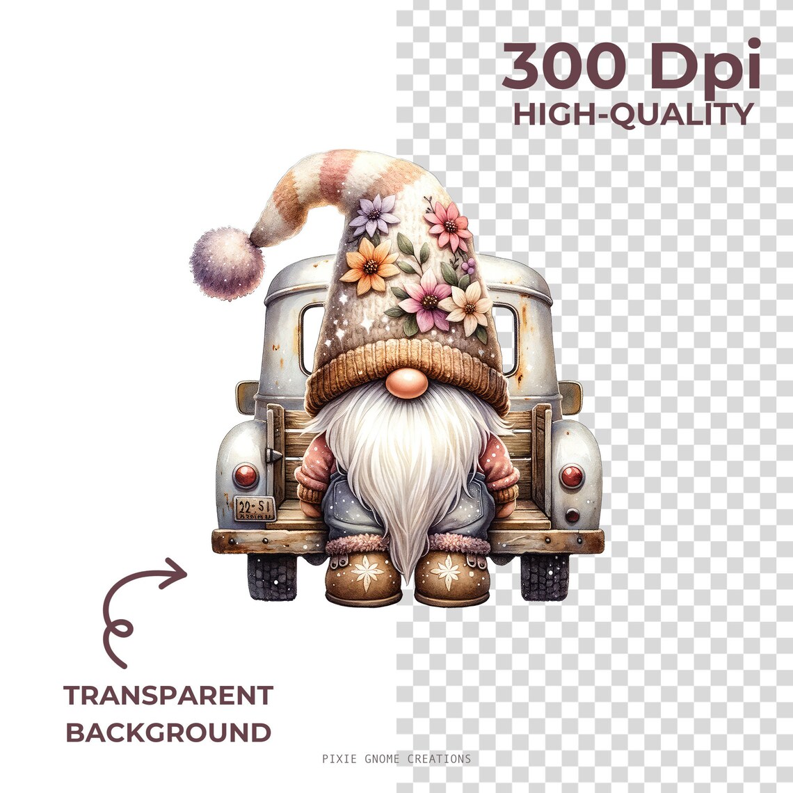 Watercolor Retro Truck Gnome Clipart PNG Bundle, Garden Gnome With ...