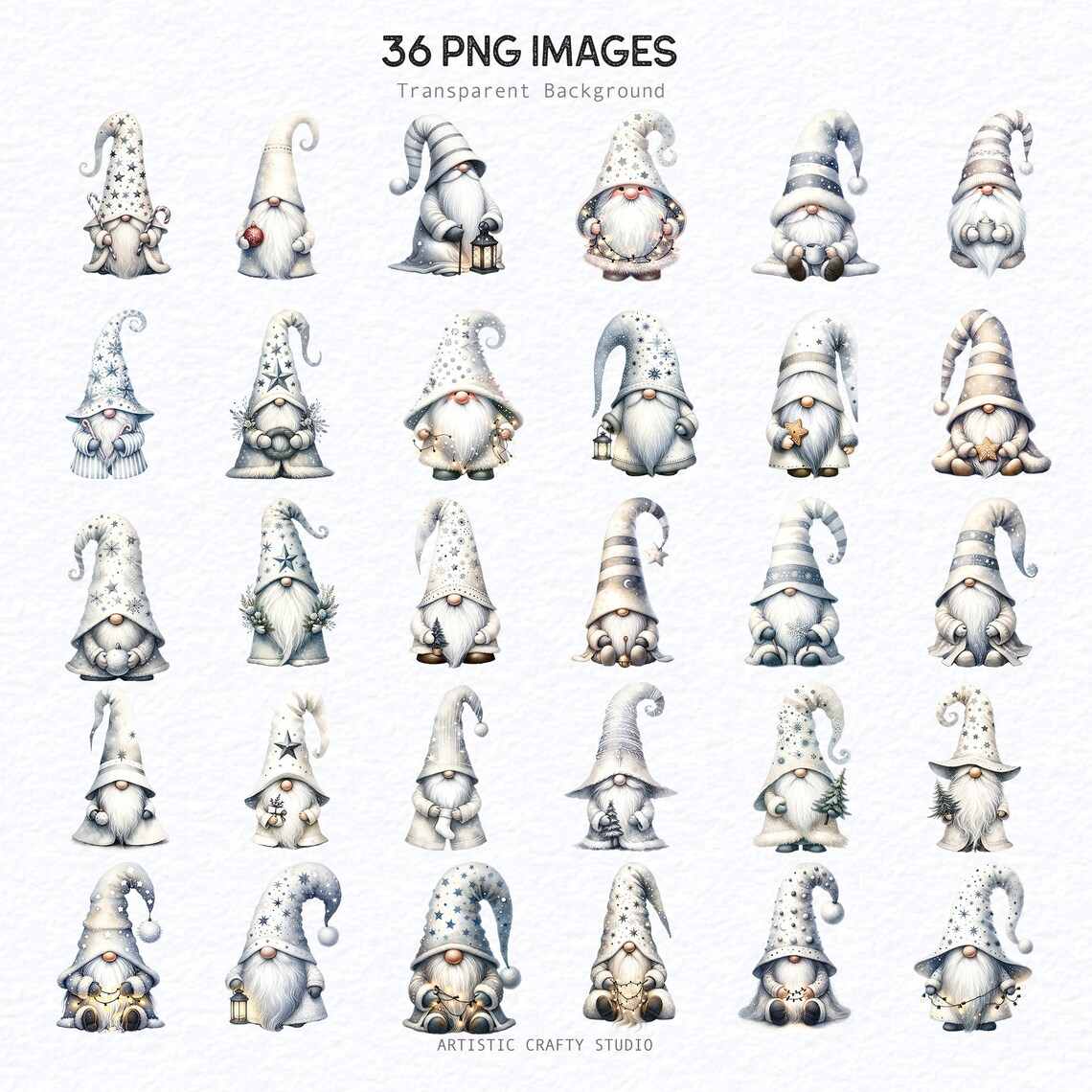 36 Watercolor Gnome Bundle Png, Watercolor White Christmas Gnomes ...