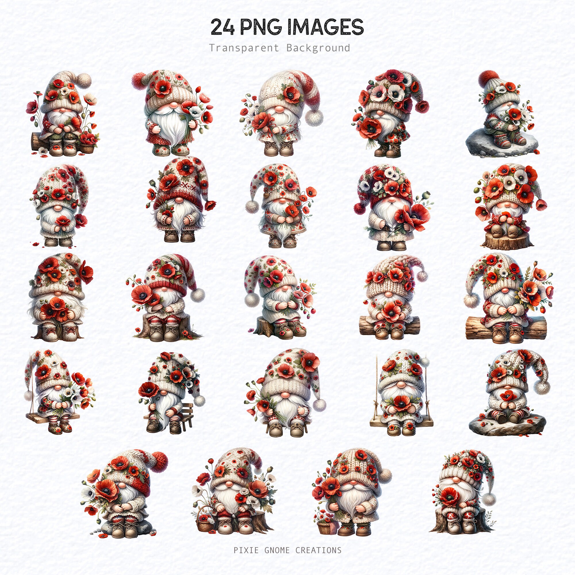 Watercolor Valentines Poppy Remembrance Floral Gnome Clipart PNG Bundle ...