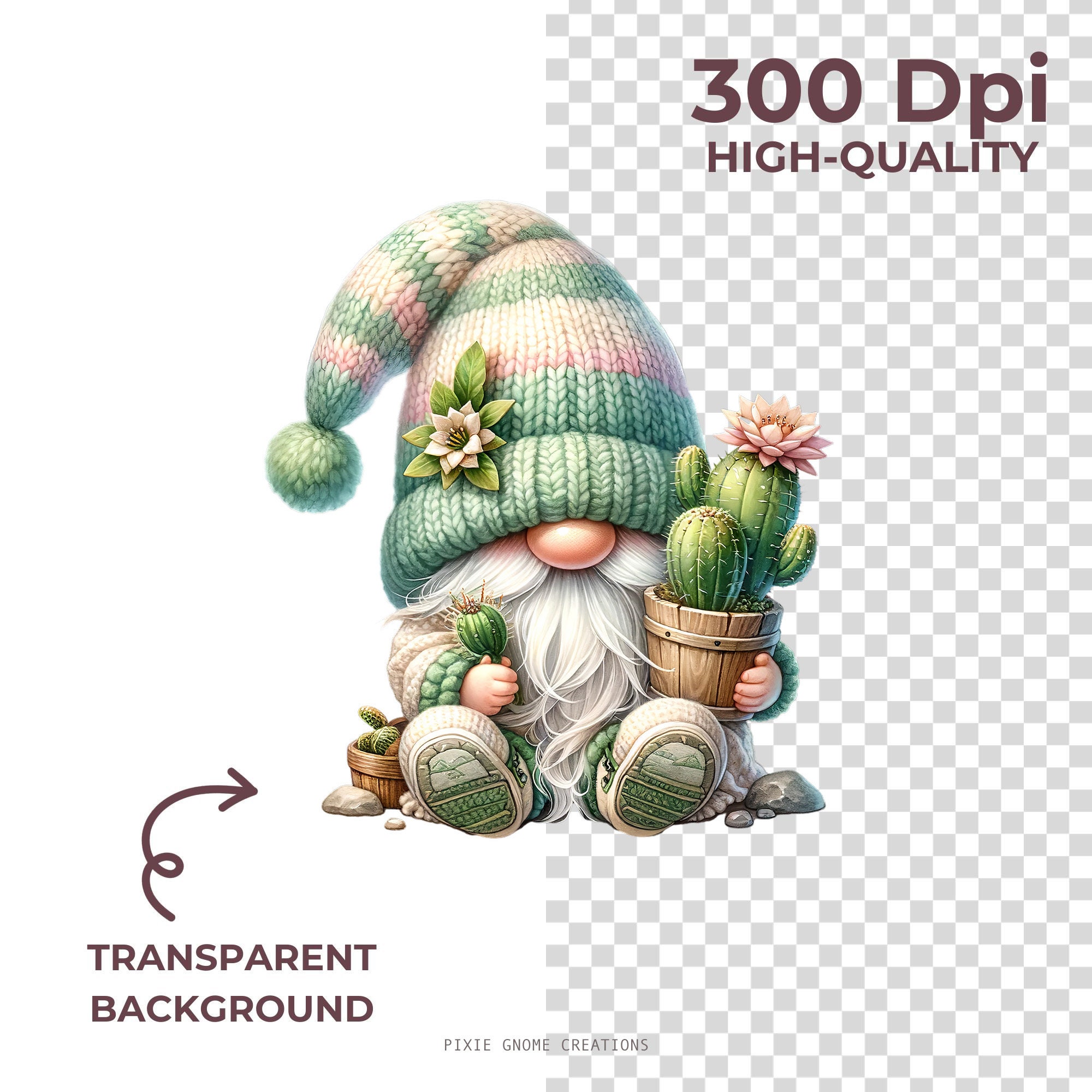 Watercolor Flowering Cactus Gnome Clipart Bundle Png, Succulent Garden ...