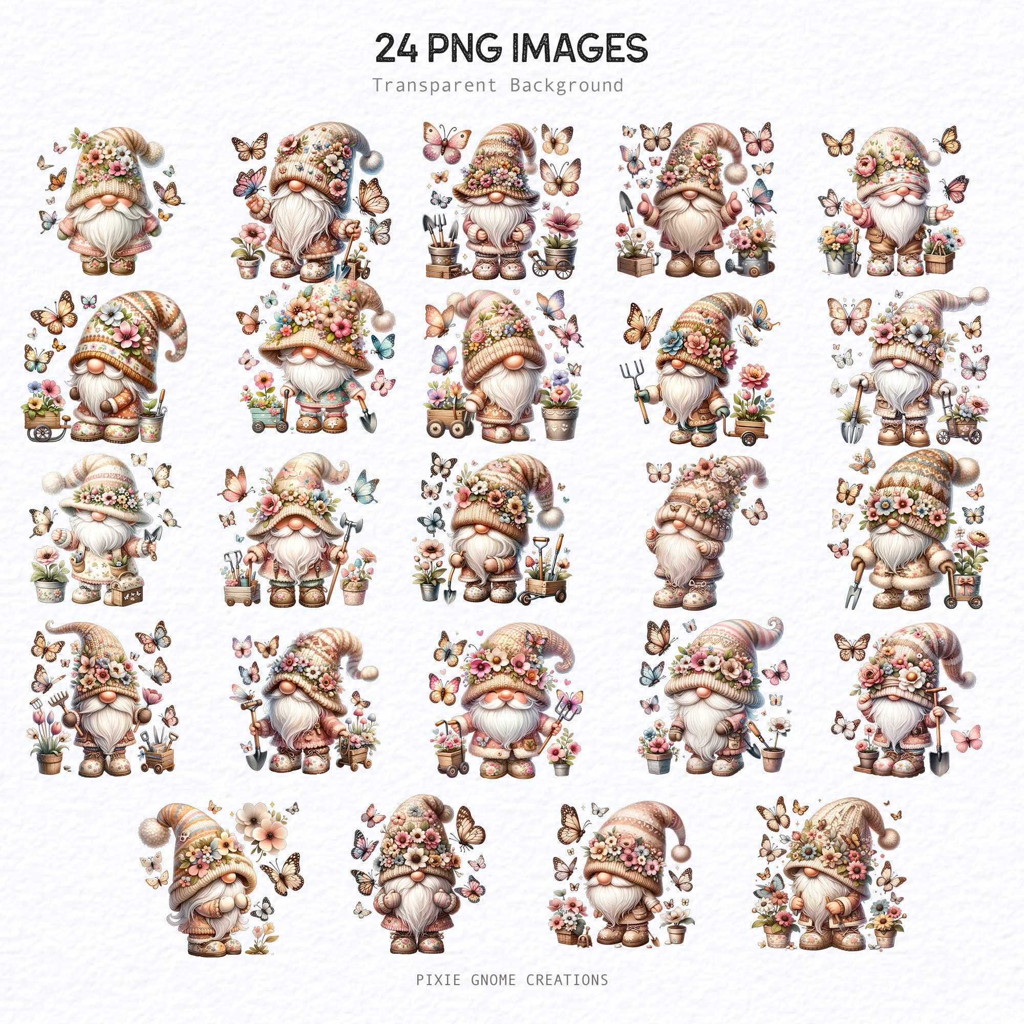 Watercolor Garden Gnome Clipart PNG Clipart Bundle, Gnome With Flowers ...