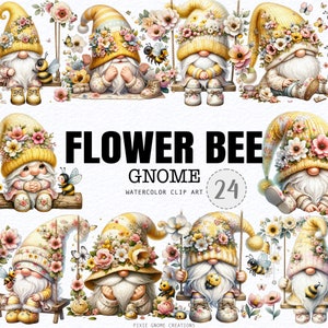 Watercolor Flower Bee Gnome Clipart Bundles, Gnome With Flowers ...