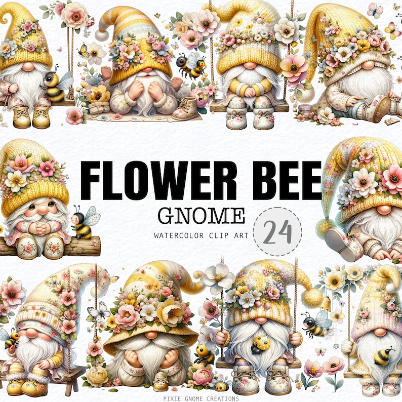 Watercolor Flower Bee Gnome Clipart Bundles, Gnome With Flowers ...