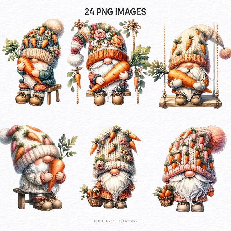Watercolor Carrot Gnome Clipart Bundle Png, Garden Farm Clipart, Spring ...