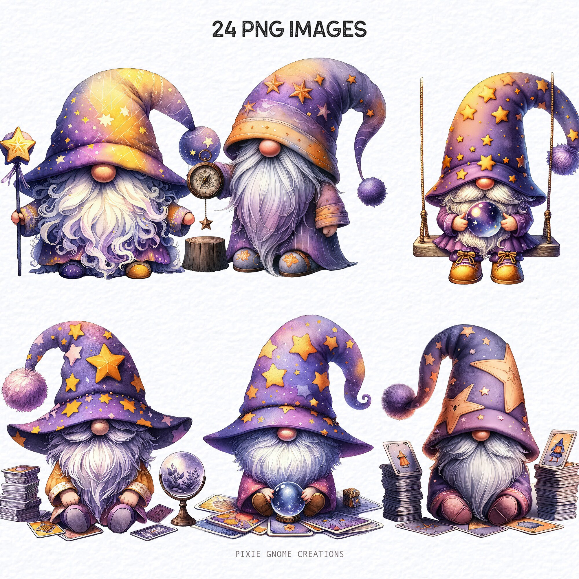 Watercolor Fortune Teller Gnome Clipart PNG Bundle, Witches Fortune ...
