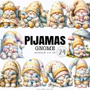 Watercolor Pastel Pijamas Gnome Clipart PNG Bundle, Cute Bed Time ...