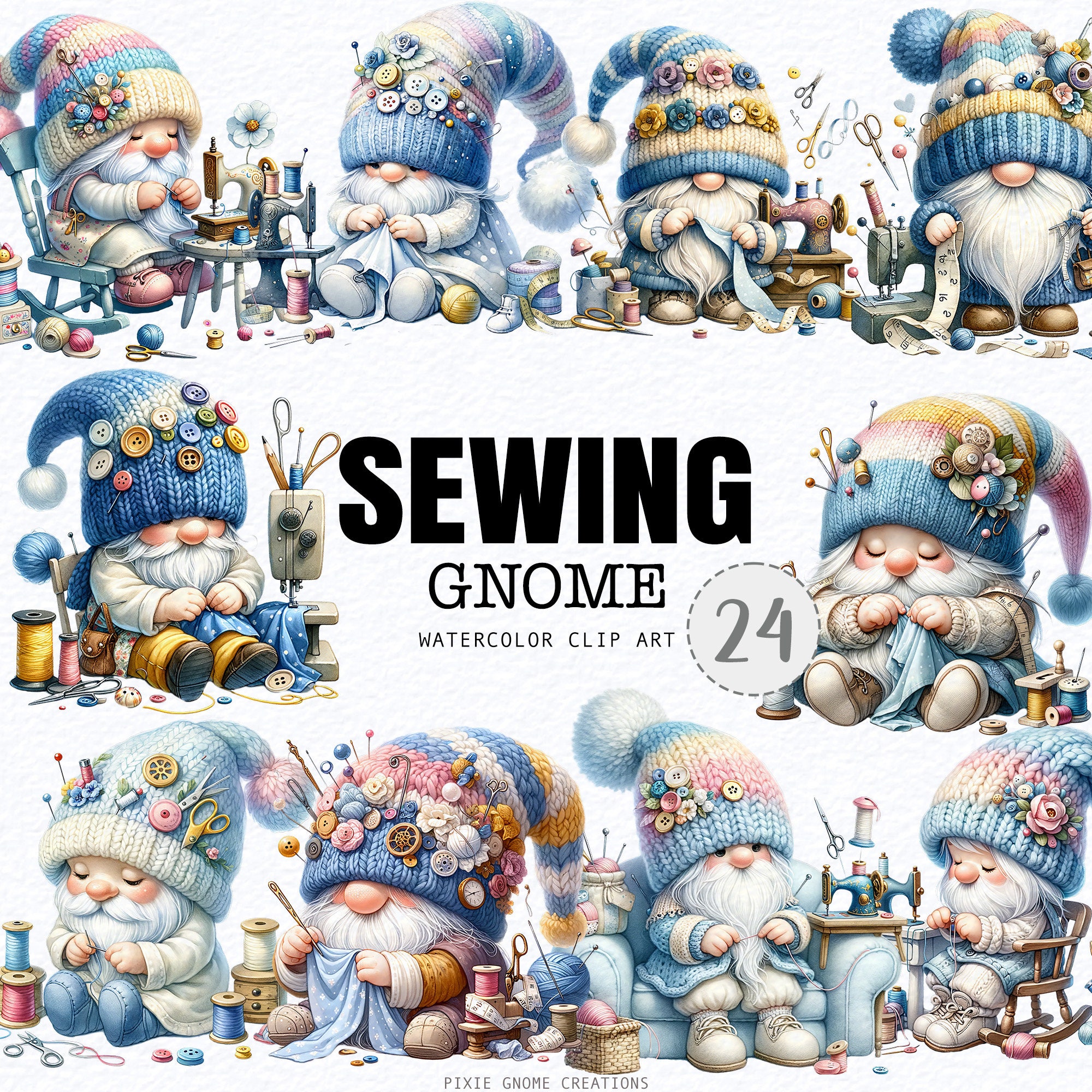 Watercolor Sewing Gnome Clipart PNG Bundle, Sewing Machine, Quilt ...