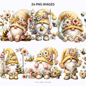 Watercolor Flower Bee Gnome Clipart Bundles, Gnome With Flowers ...