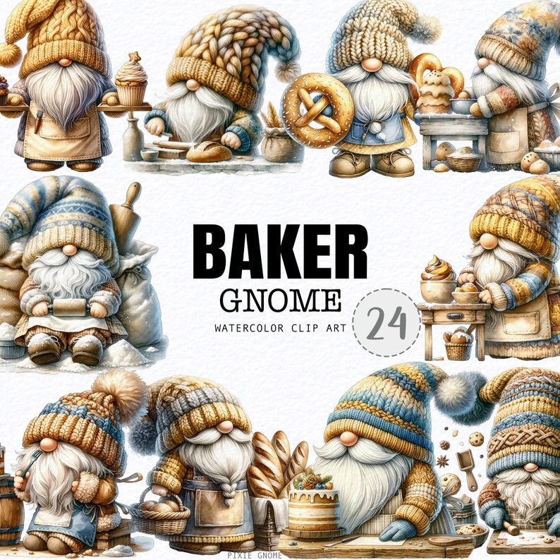 Watercolor Baker Gnome, Gnome Pastry Chef Clipart, Chef Gnome Clipart ...