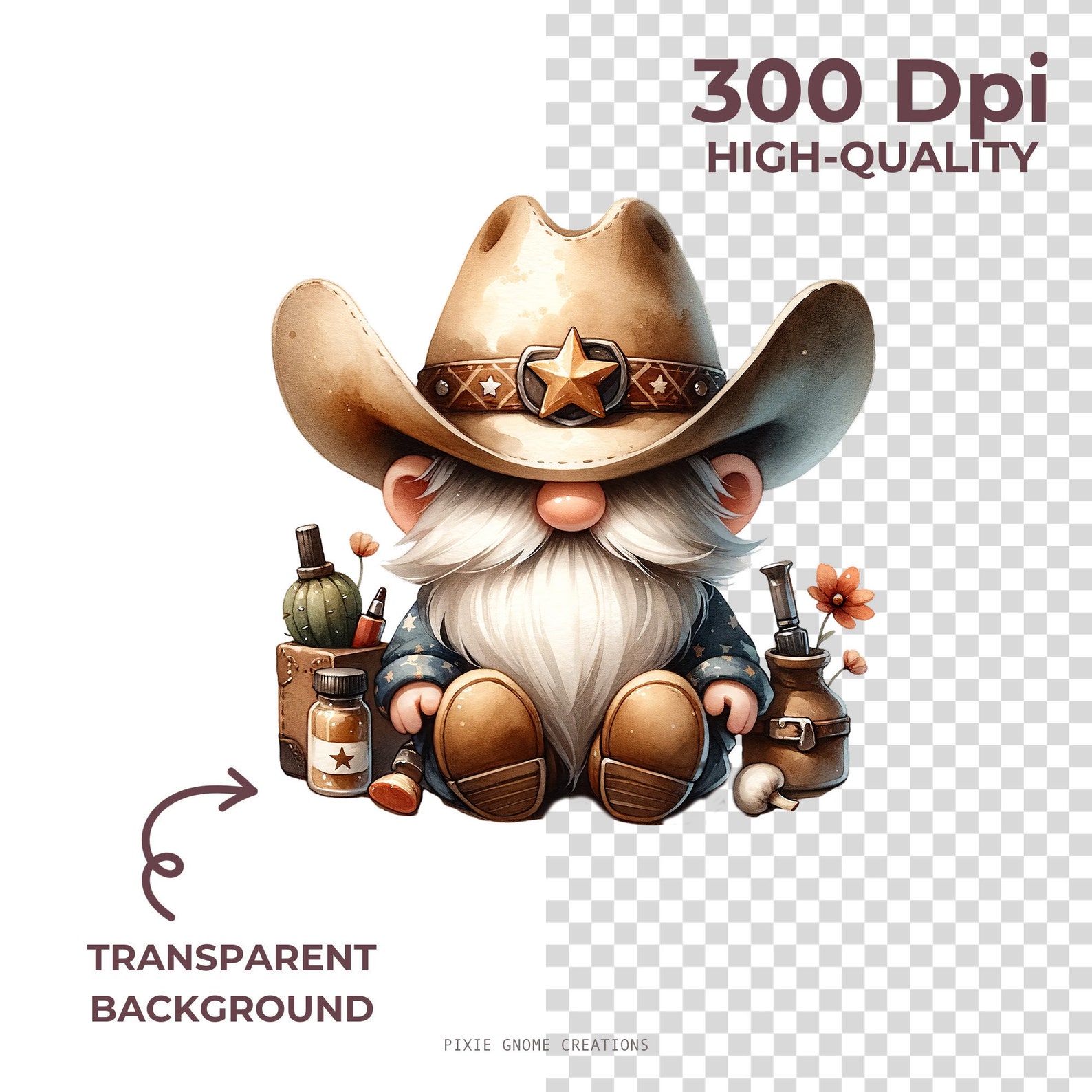 Watercolor Cowboy Gnome Clipart PNG Bundle, Western Gnome, Country ...