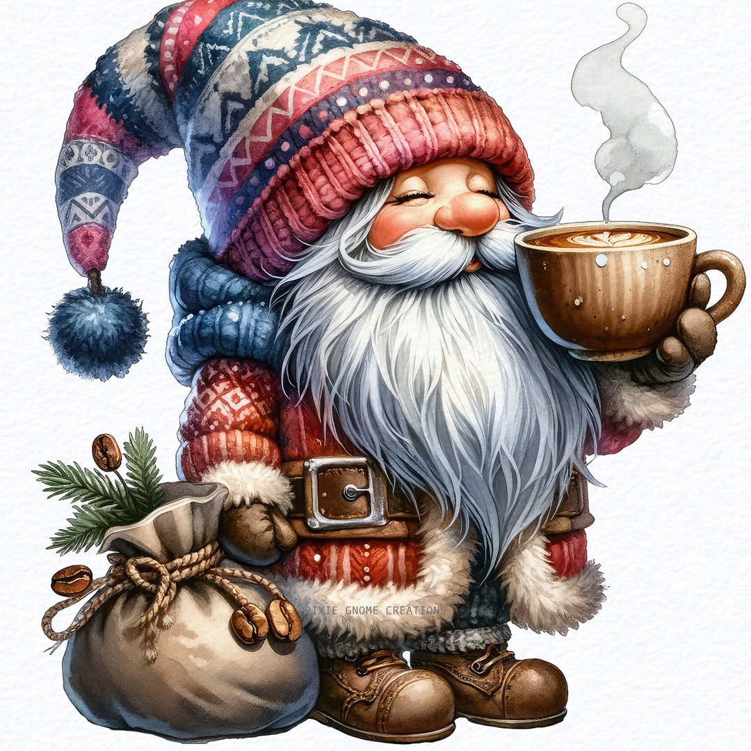 Watercolor Coffee Lover Gnomes Png Clipart Bundles, Coffee Beans Gnome ...