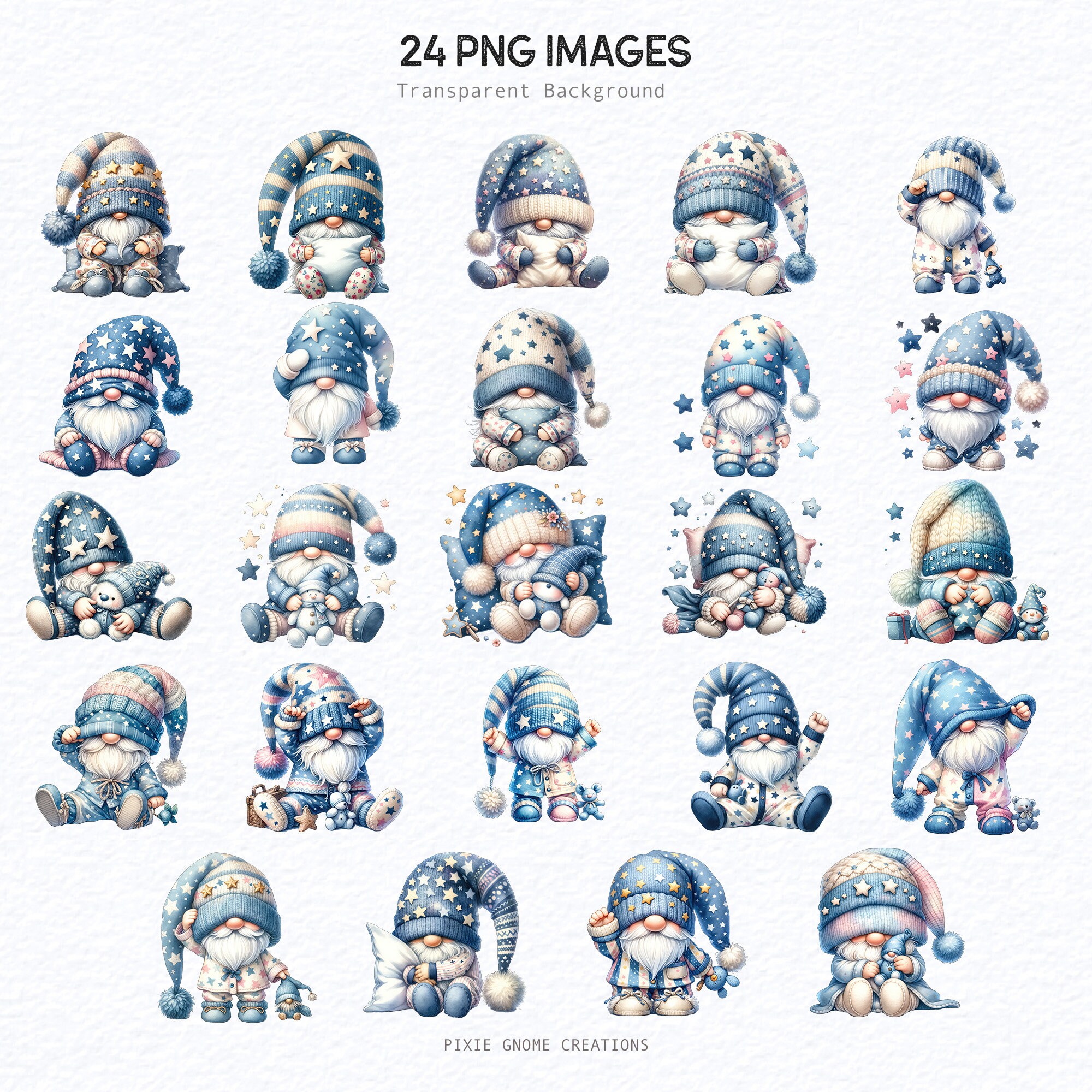 Watercolor Pastel Pijamas Gnome Clipart PNG Bundle, Cute Bed Time ...