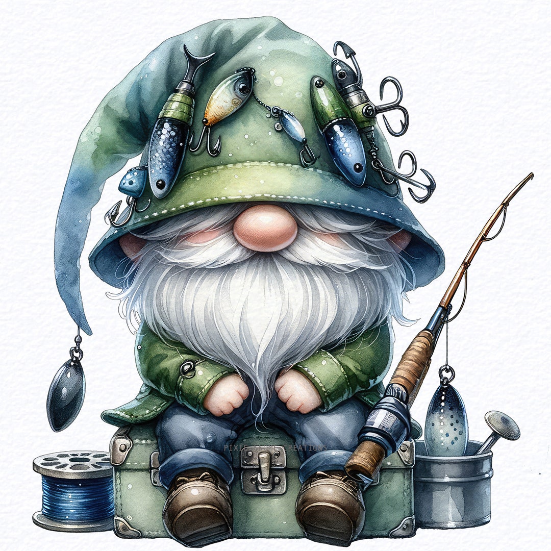 Watercolor Fishing Gnome Clipart Bundle Png, Fisherman Gnome, Fly ...