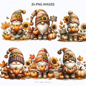 Watercolor Hello Fall Gnome Clipart PNG Bundle, Fall Gnome Png, Autumn ...
