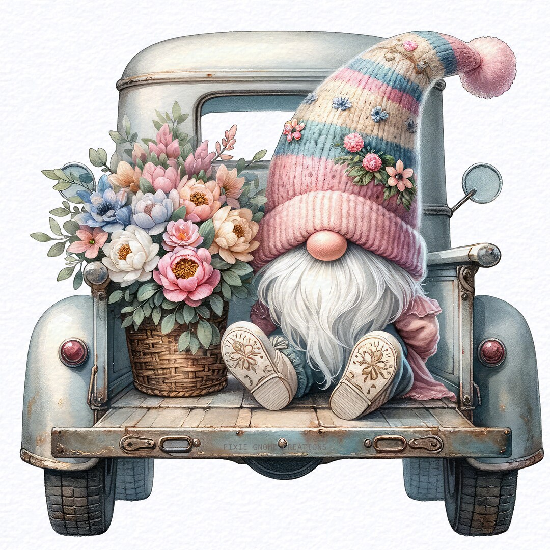 Watercolor Retro Truck Gnome Clipart PNG Bundle, Garden Gnome With ...