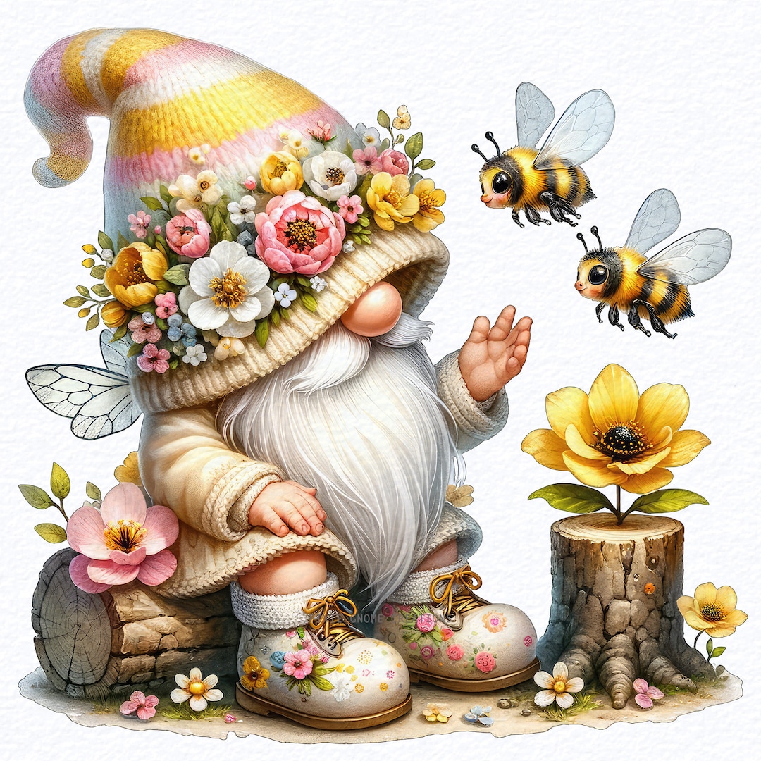 Watercolor Flower Bee Gnome Clipart Bundles, Gnome With Flowers ...