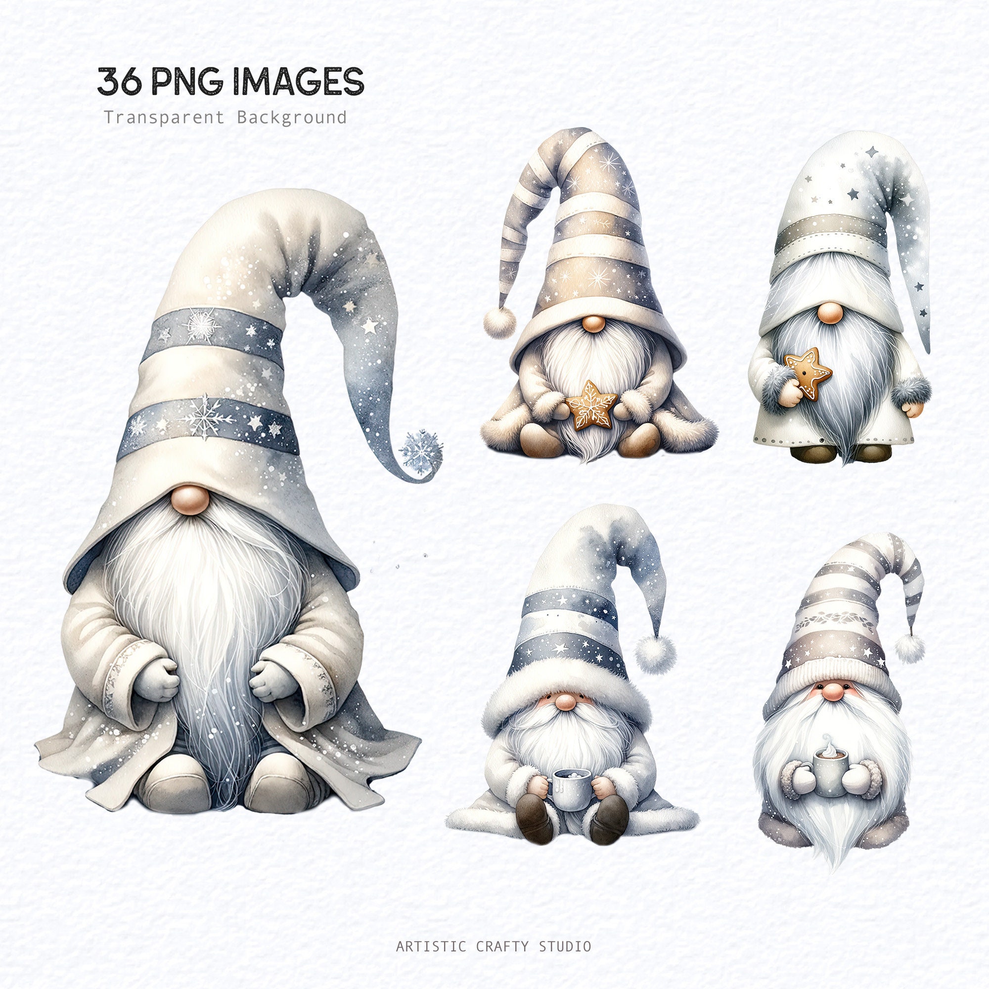 36 Watercolor Gnome Bundle Png, Watercolor White Christmas Gnomes ...