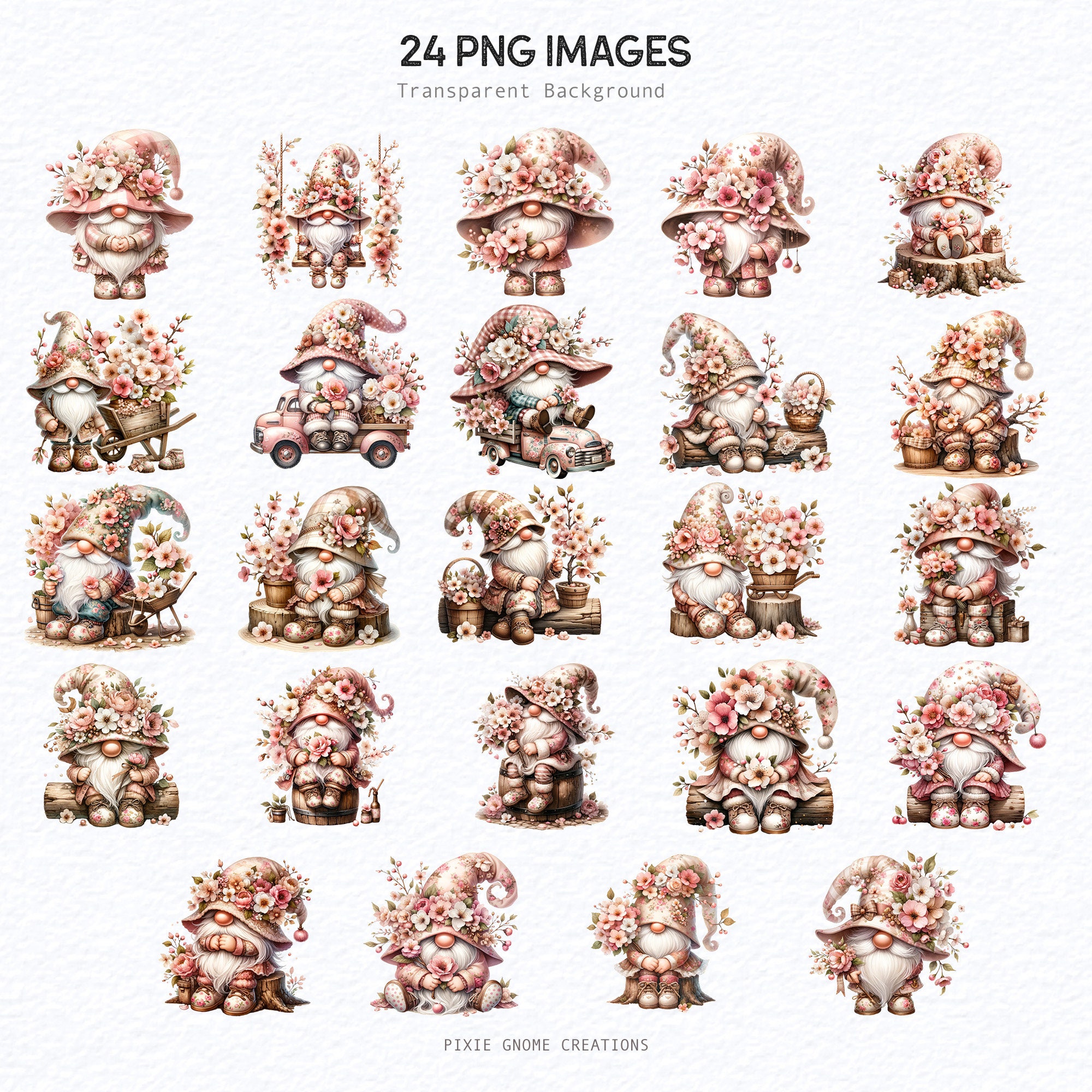 Watercolor Pink Cherry Blossom Gnomes Png, Cute Floral Gnome ...