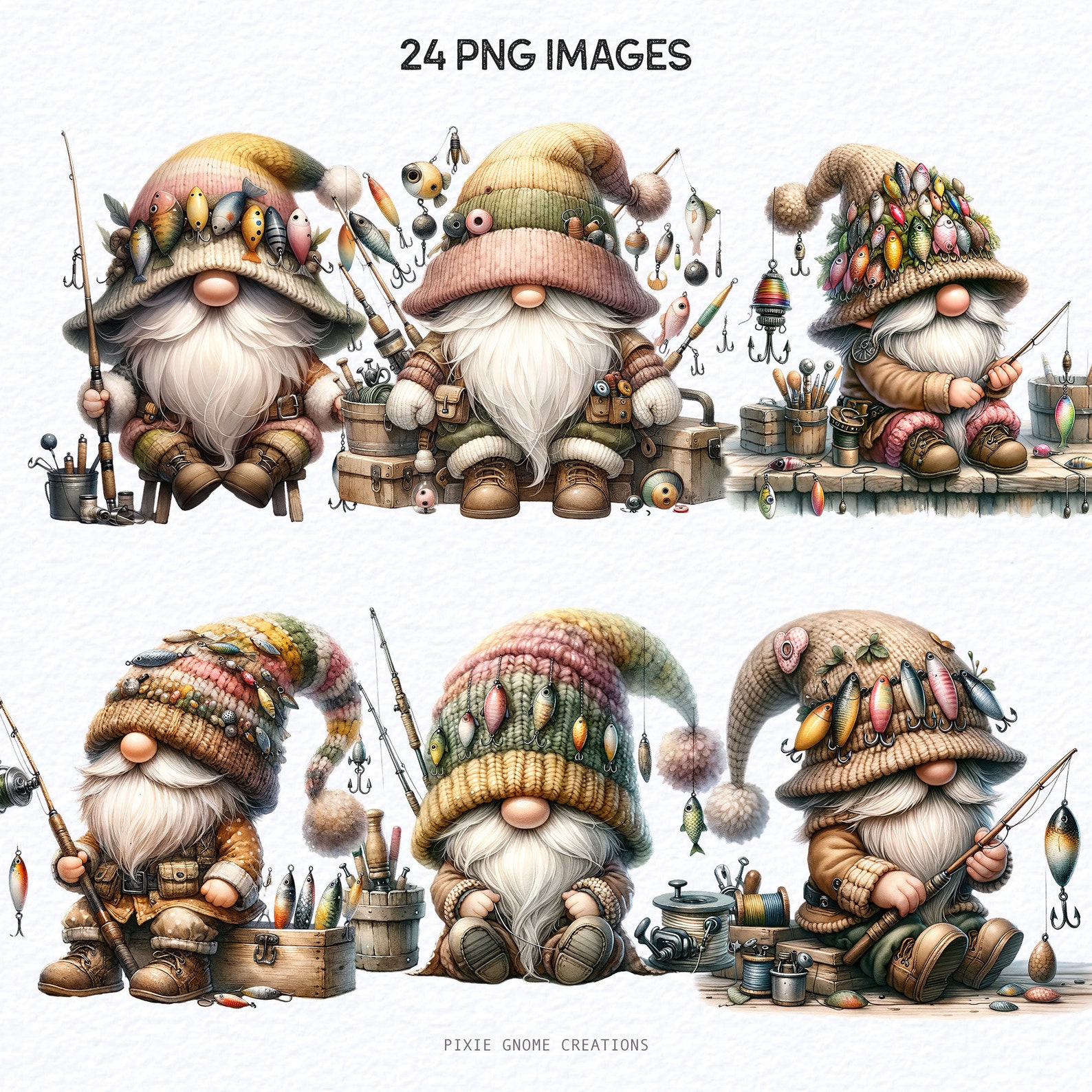 Watercolor Fisherman Gnome Clipart Bundle Png, Fishing Gnome, Fly ...