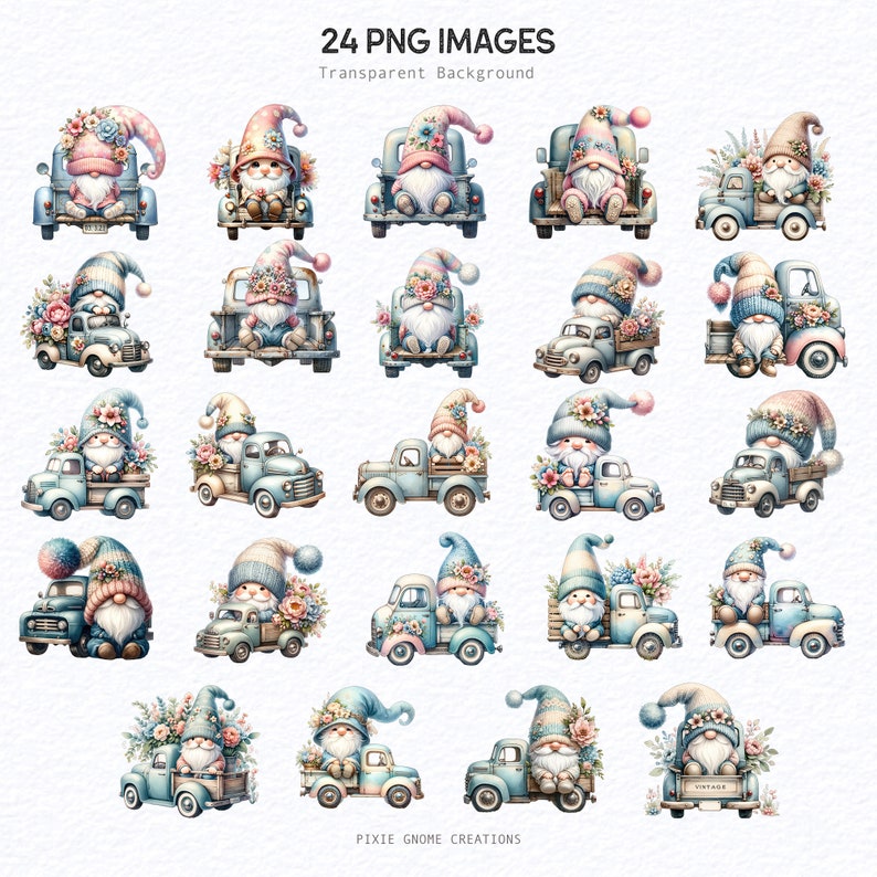 Watercolor Retro Truck Gnome Clipart PNG Bundle, Garden Gnome With ...