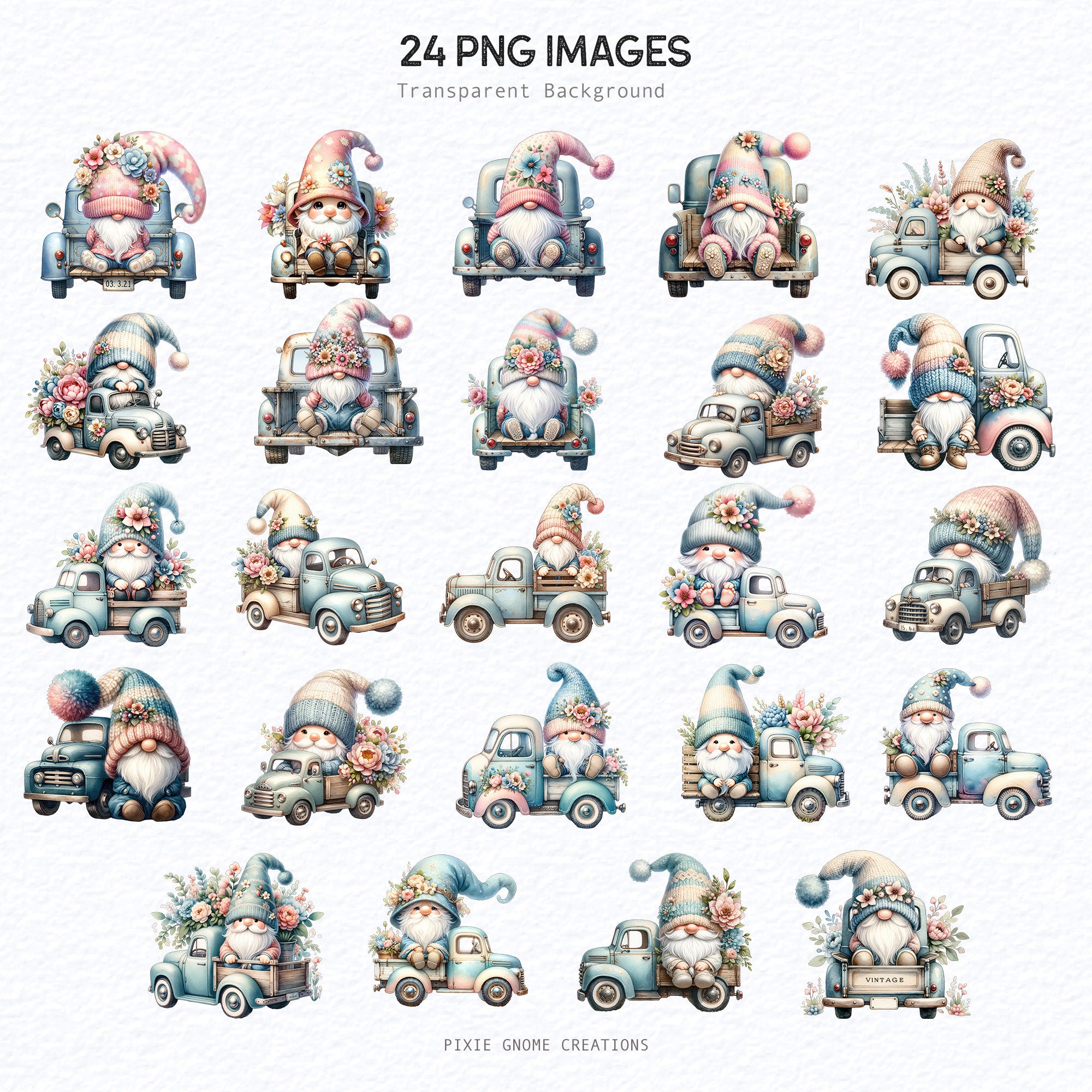 Watercolor Retro Truck Gnome Clipart PNG Bundle, Garden Gnome With ...