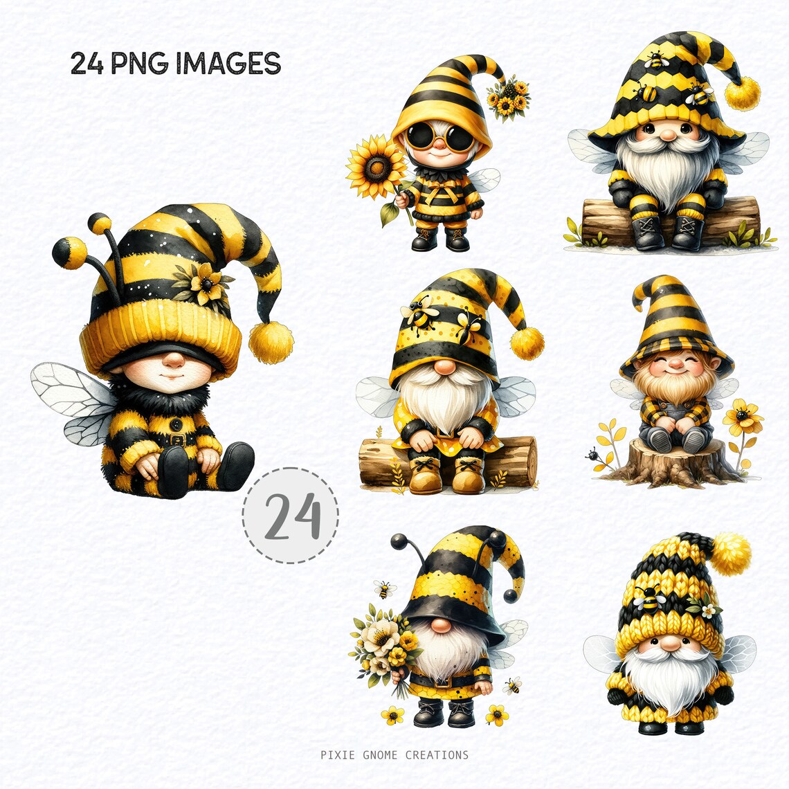 Bumble Bee Gnomes Png, Honey Bee Gnomes Watercolor Clipart PNG ...