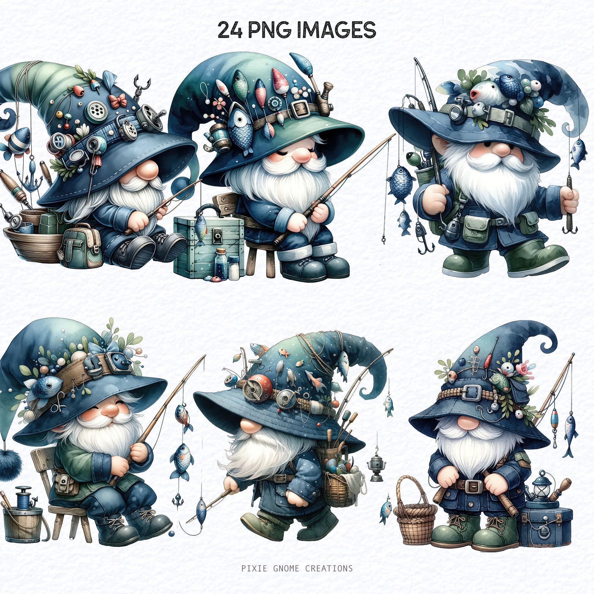 Watercolor Fishing Gnome Clipart Bundle Png, Fisherman Gnome, Fly ...