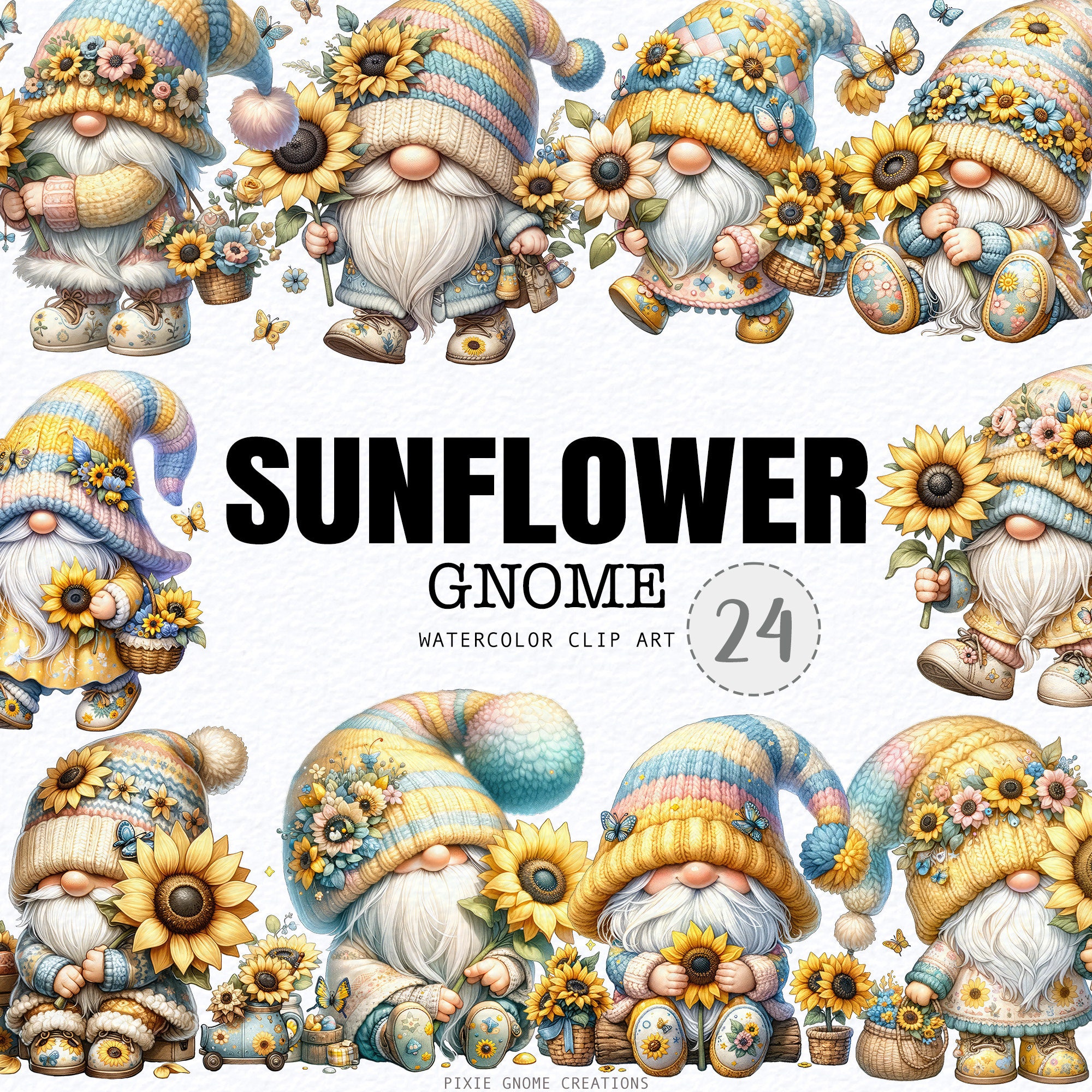 Watercolor Sunflowers Gnome Clipart Bundle Png, Garden Clipart, Spring ...
