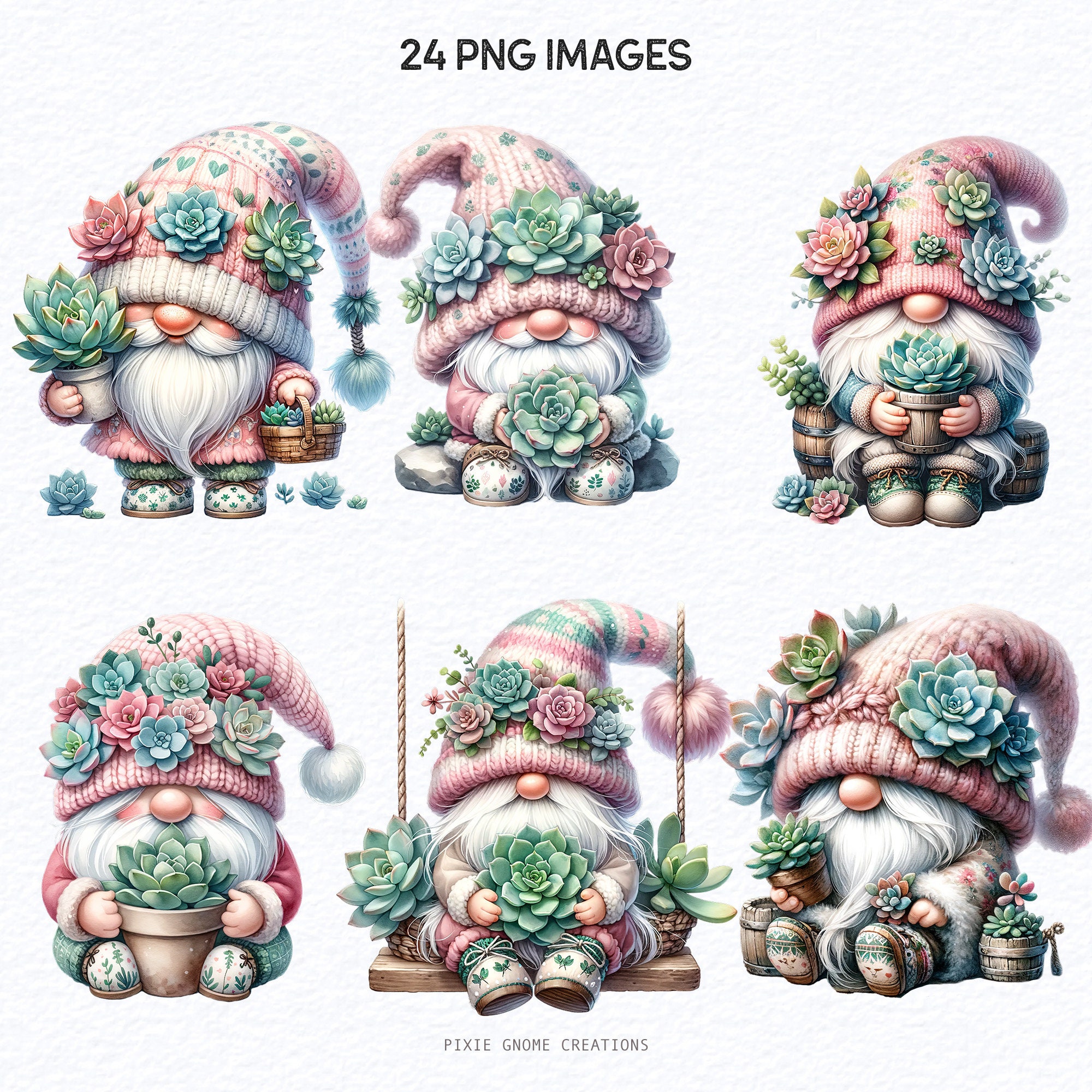 Watercolor Succulent Cactus Gnome Clipart Bundle Png, Succulent Garden ...