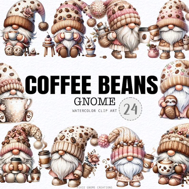 Watercolor Pink Coffee Beans Gnome ,coffee Gnomes Png, Coffee Latte ...