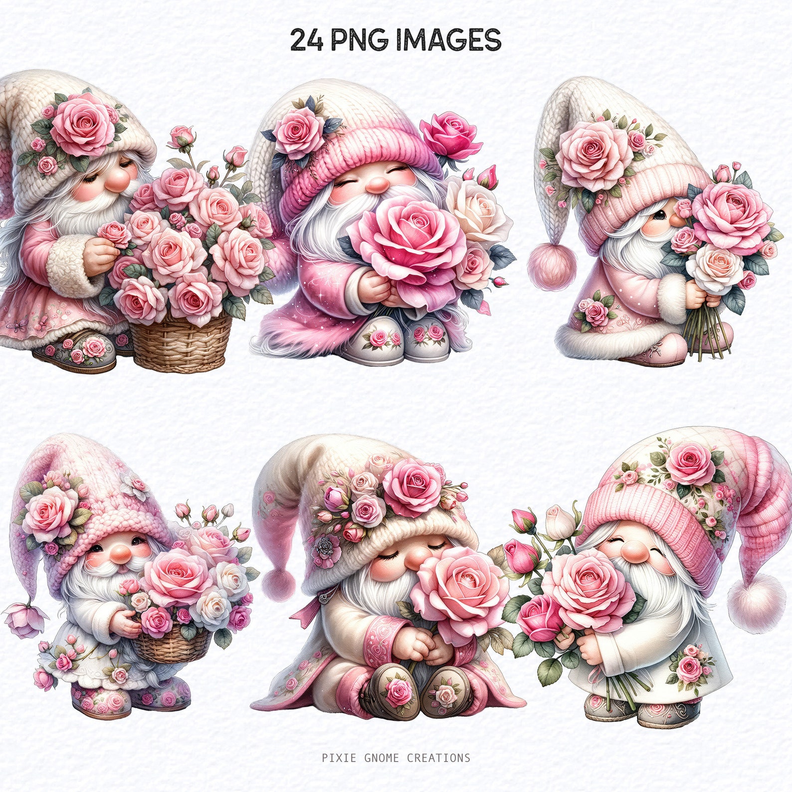 Watercolor Valentines Rose Floral Gnome Clipart PNG Bundle, Garden ...