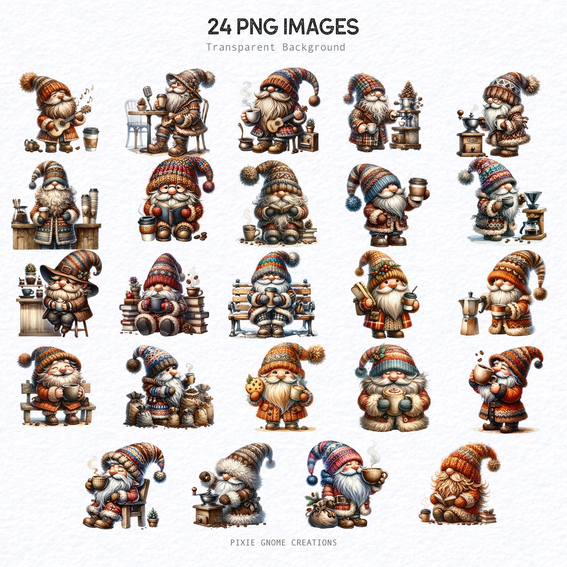 Watercolor Coffee Lover Gnomes Png Clipart Bundles, Coffee Beans Gnome, Coffee Latte Gnome, Cute ...