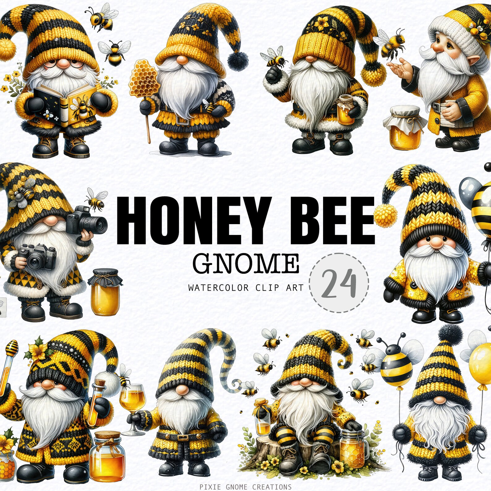 Honey Bee Gnomes Watercolor Clipart PNG, Bumble Bee Gnomes, Watercolor ...