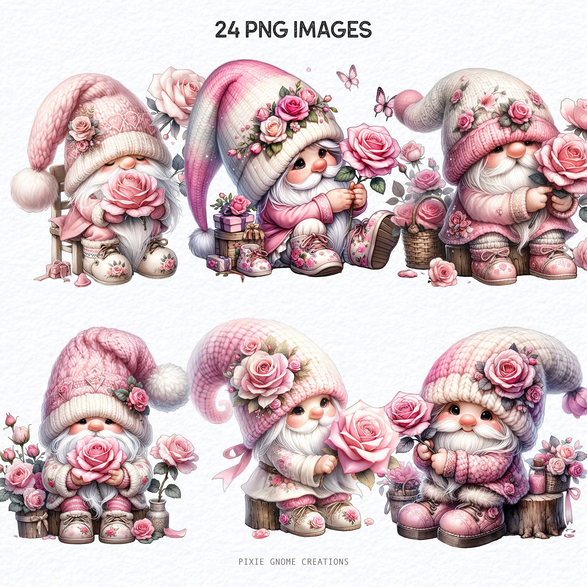 Watercolor Valentines Rose Floral Gnome Clipart PNG Bundle, Garden ...