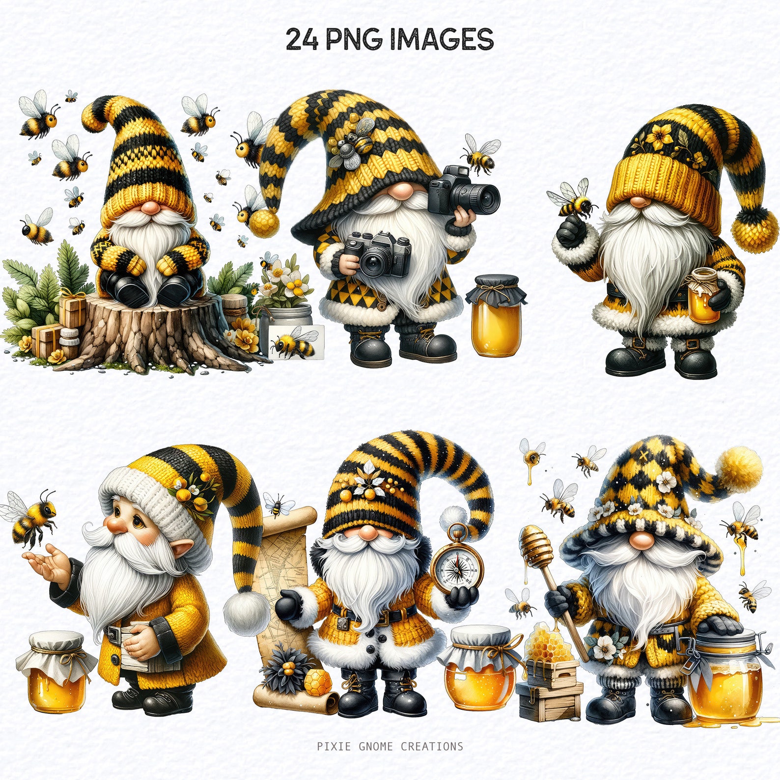Honey Bee Gnomes Watercolor Clipart PNG, Bumble Bee Gnomes, Watercolor ...