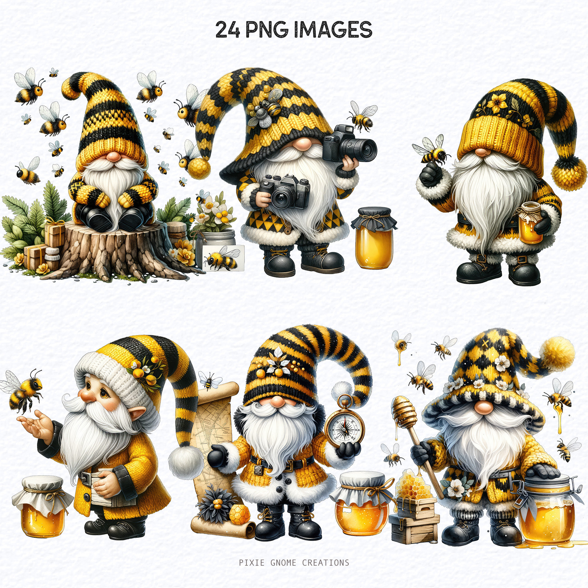 Honey Bee Gnomes Watercolor Clipart PNG, Bumble Bee Gnomes, Watercolor ...
