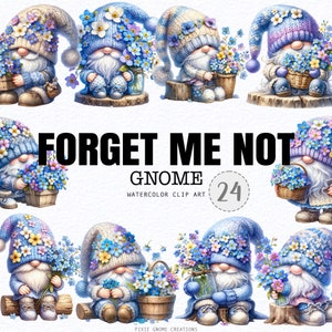 Watercolor Forget Me Not Flower Wreath Gnome Clipart Bundles, Gnome ...