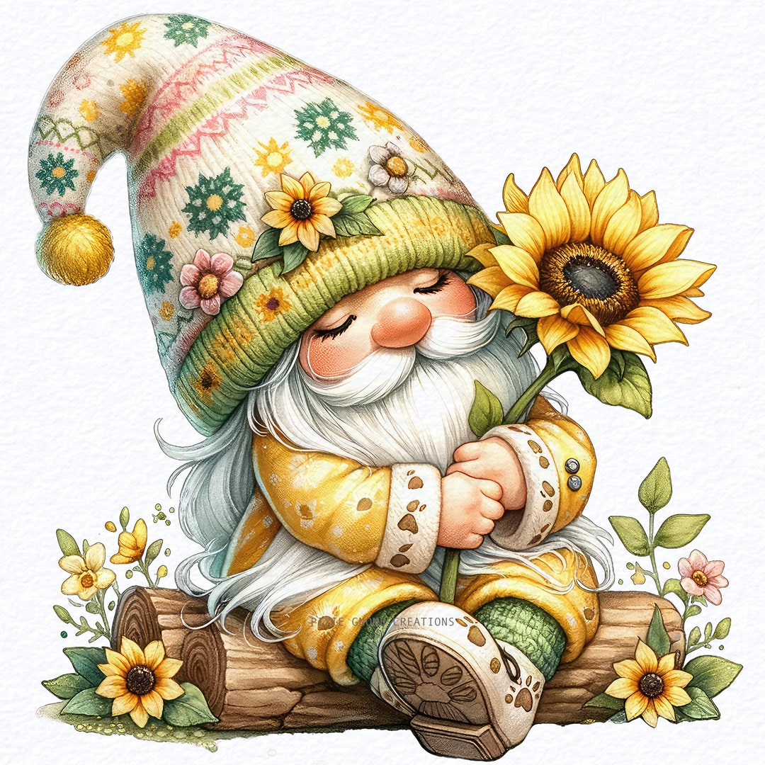 Watercolor Sunflowers Gnome Clipart Bundle Png, Garden Clipart, Spring ...