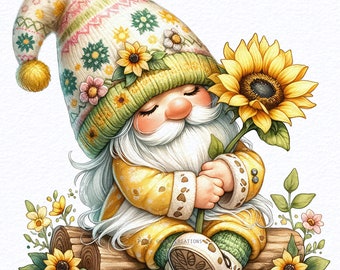 Watercolor Sunflowers Gnome Clipart Bundle Png, Garden Clipart, Spring ...