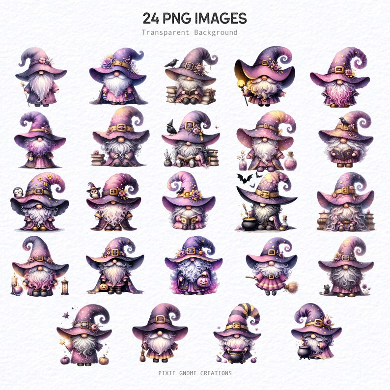 Watercolor Witch Gnome Clipart PNG Bundle, Witches Fortune Gnome ...