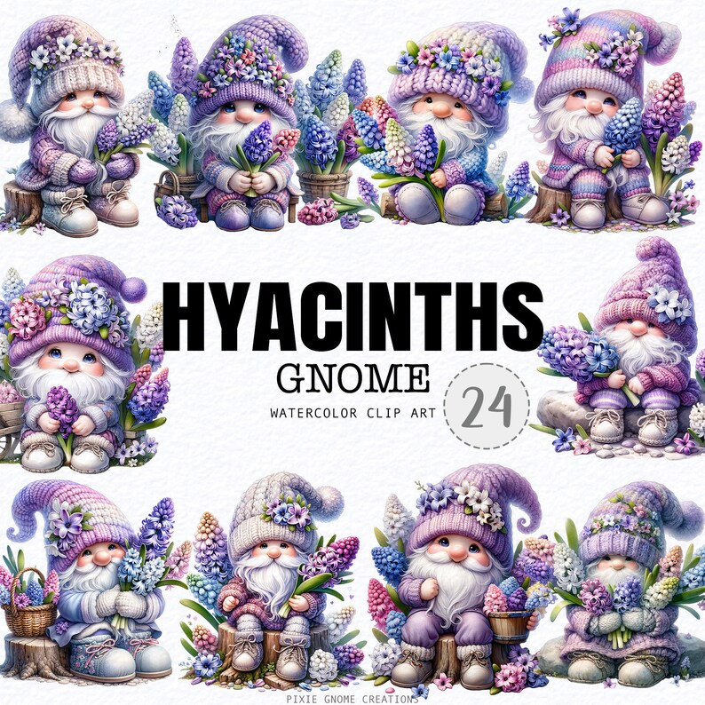 Watercolor Hyacinths Gnome Clipart Bundles, Gnome With Flowers, Clipart for Gardeners, Spring ...