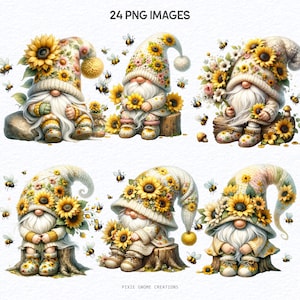 Watercolor Flower Bee Gnome Clipart Bundles, Sunflower Flowers, Clipart ...