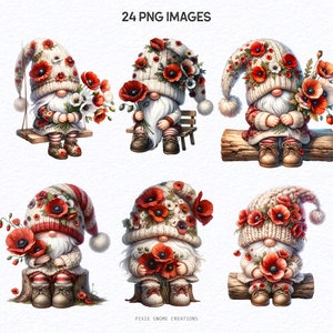 Watercolor Valentines Poppy Remembrance Floral Gnome Clipart PNG Bundle ...