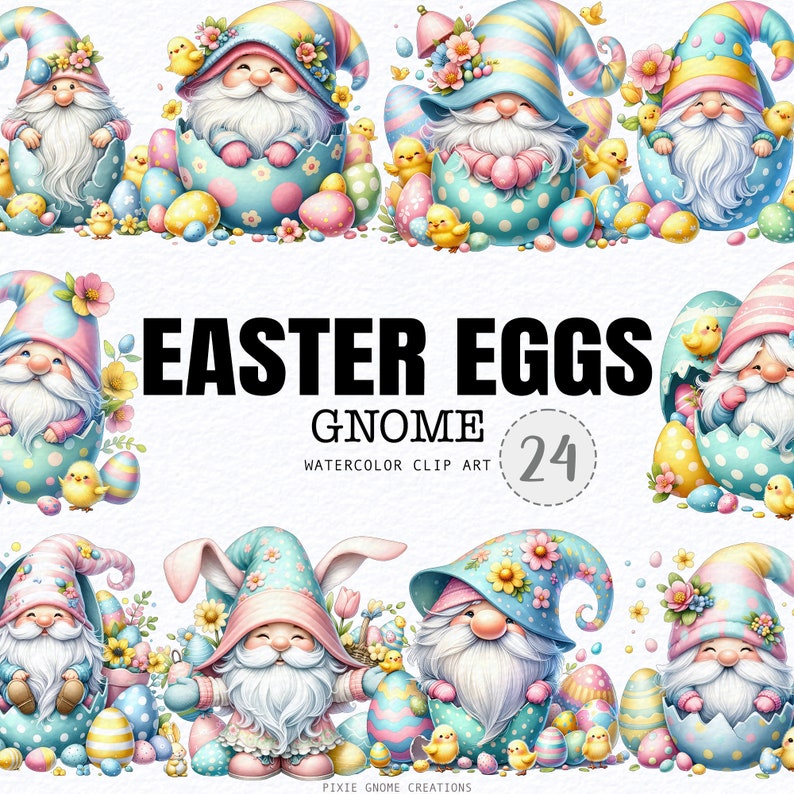 Watercolor Easter Eggs Gnome Png Clipart Bundle, Chicks Eggs, Garden ...