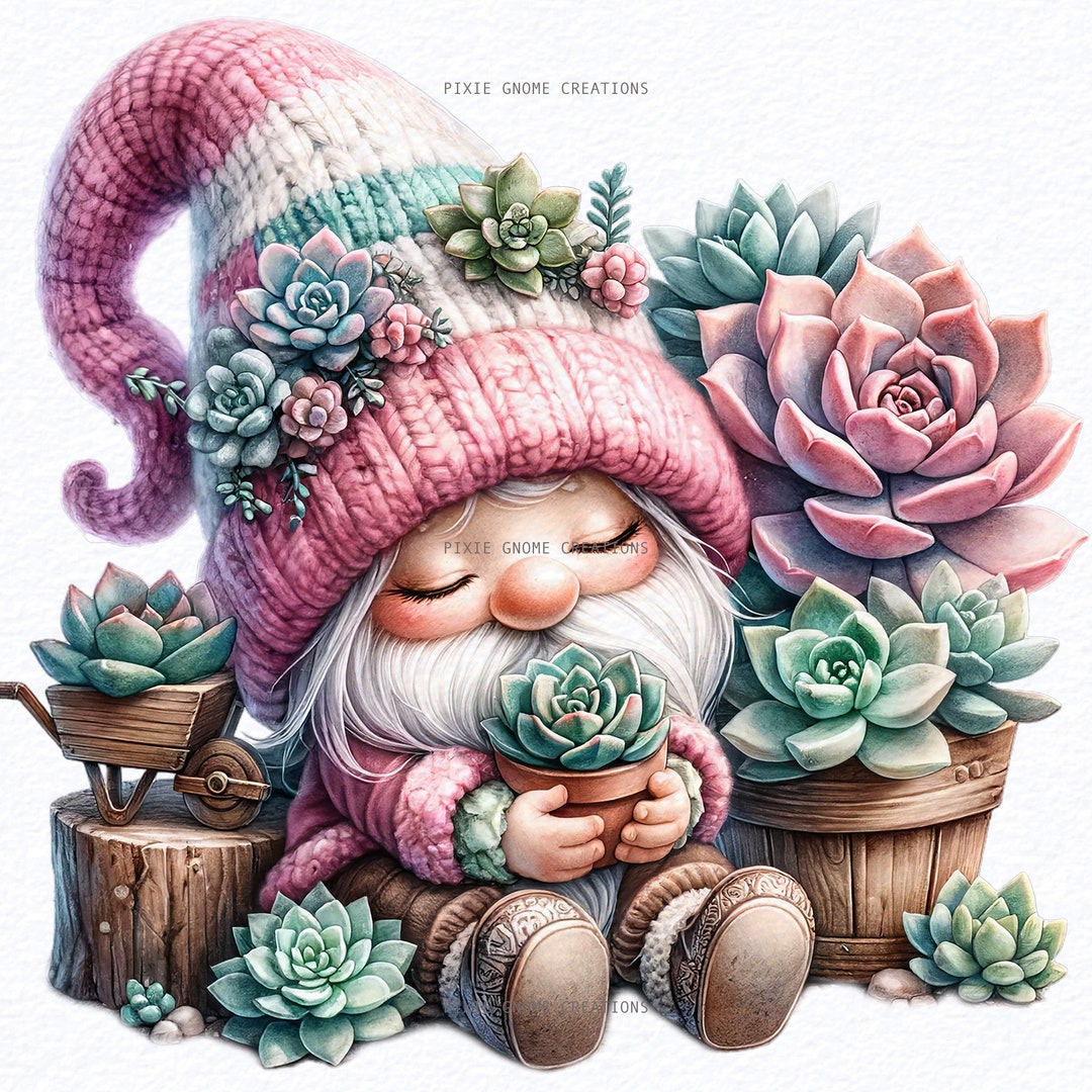 Watercolor Succulent Cactus Gnome Clipart Bundle Png, Succulent Garden ...