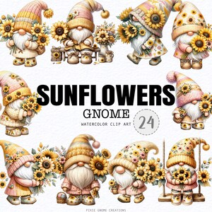 Watercolor Summer Garden Sunflowers Gnome Clipart Bundle Png, Garden ...
