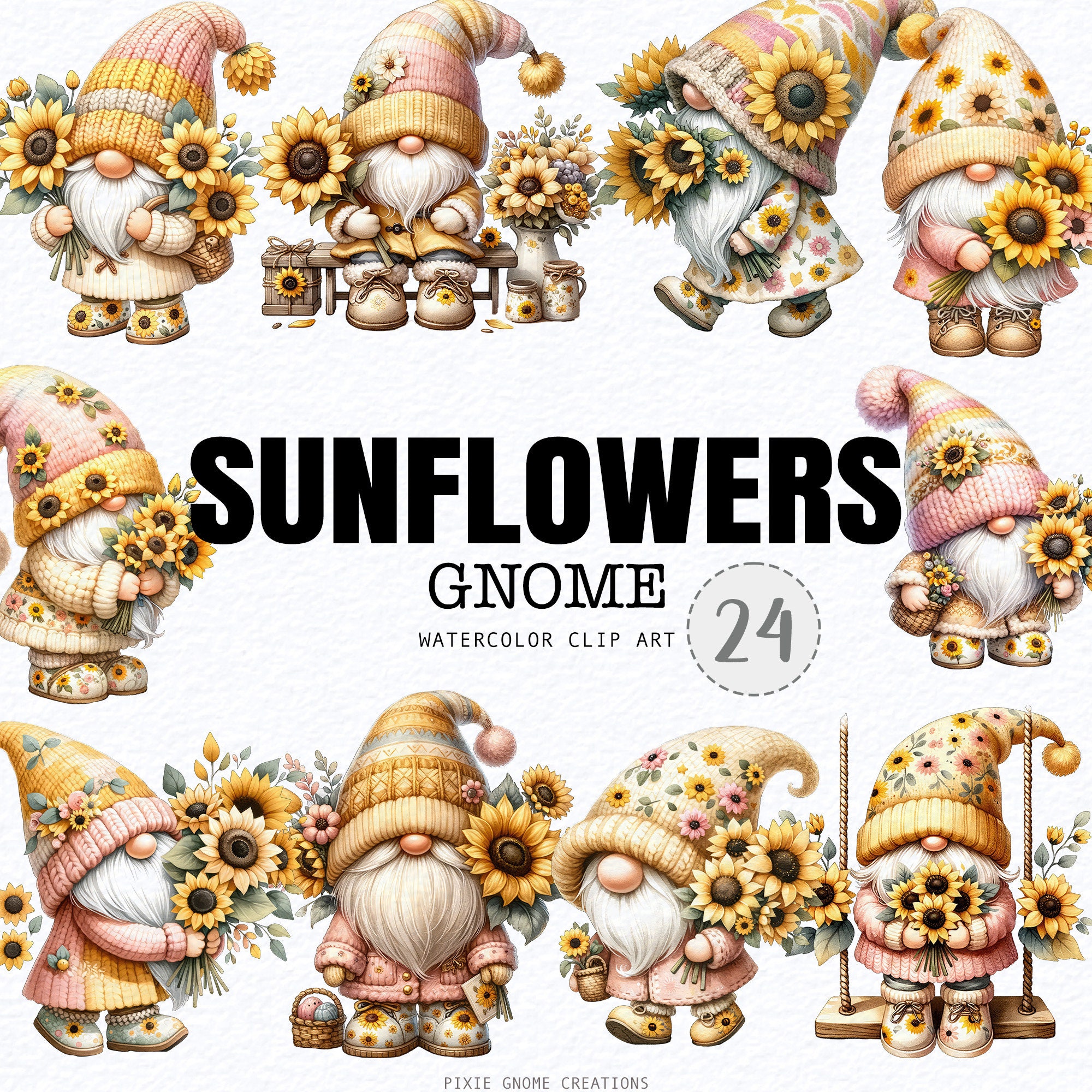 Watercolor Summer Garden Sunflowers Gnome Clipart Bundle Png, Garden ...